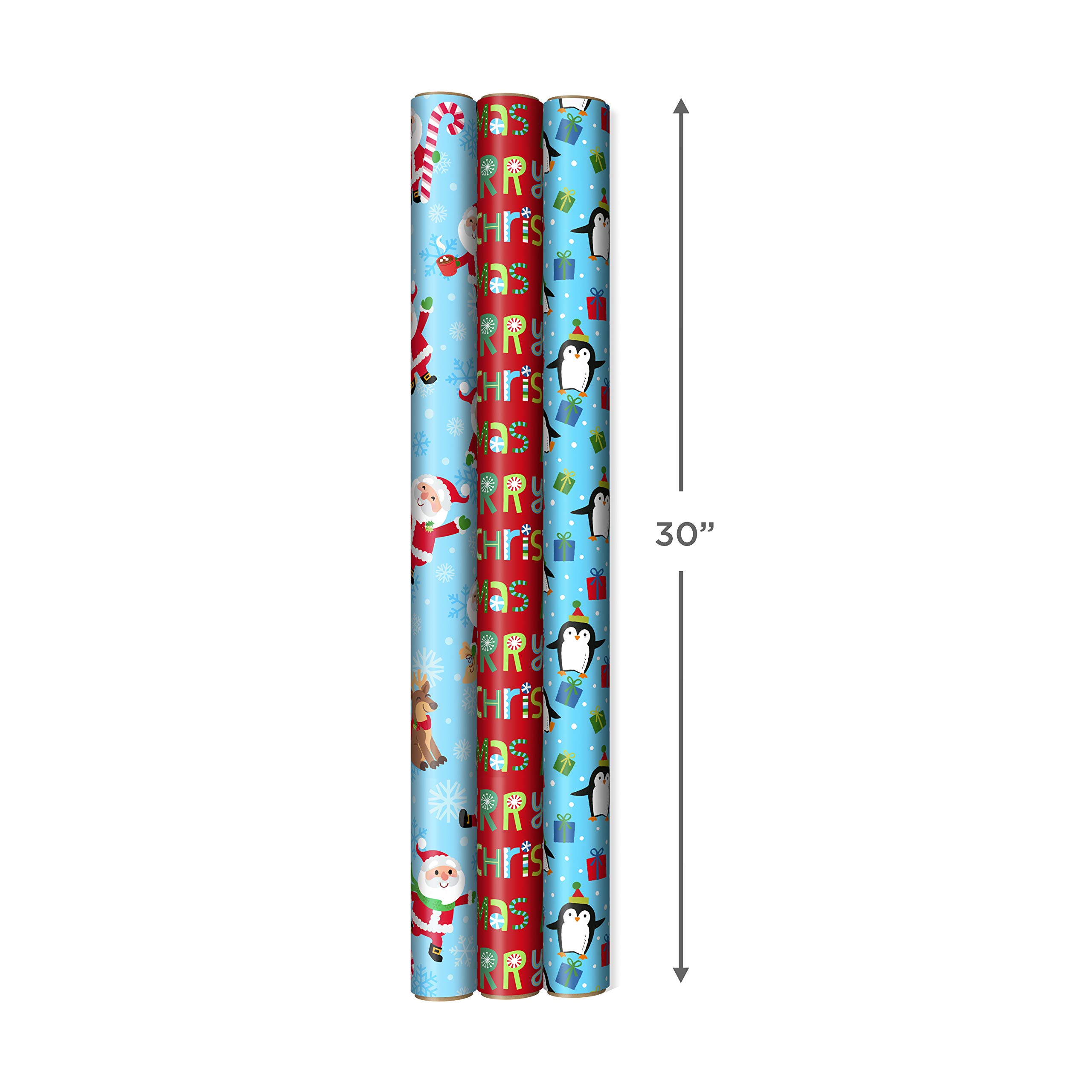 Hallmark Cute Reversible Christmas Wrapping Paper for Kids (3 Rolls: 120 sq. ft. ttl) Penguins, Santa, Trees, Stripes, Snowflakes, Merry Christmas"