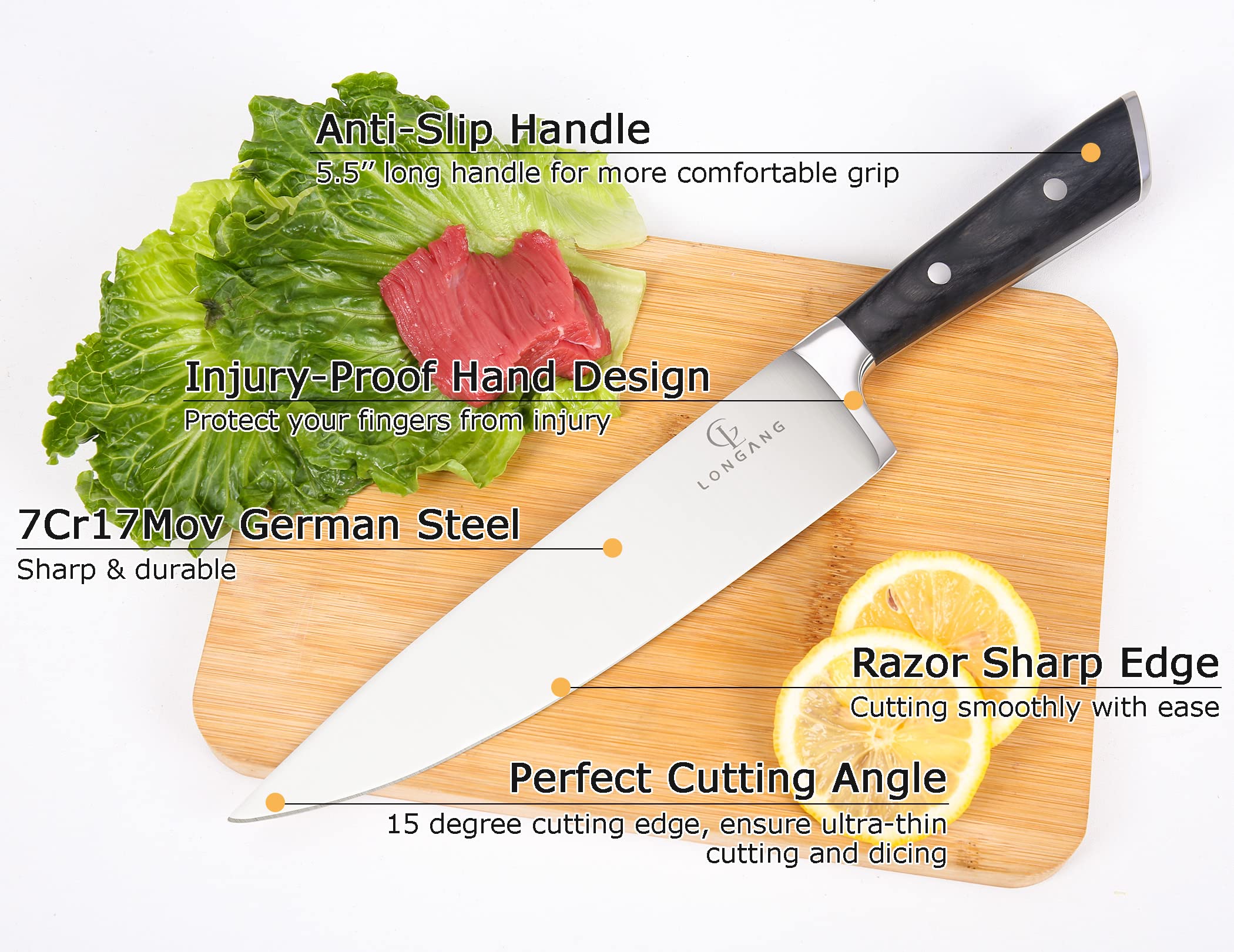 Longang 8 Inch Chef Knife Kitchen Utility Knife, German High Carbon Stainless Steel Professional Meat Knife with Gift Box for Family & Restaurant