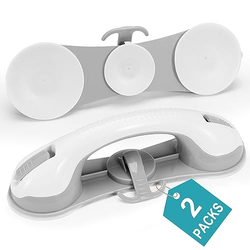 Grab Bars for Shower, 12 Inch Shower Handle 3 Strong Suction Cup Grab Bar with Hook, Safety Bars for Shower Chair Stool, Bathroom Grab Bar for Seniors, Elderly, Handicap (2 Pack)