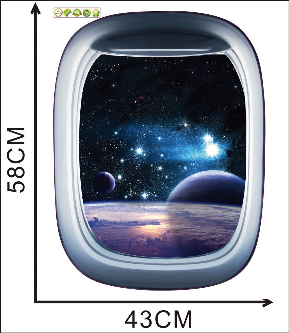 HERRA 3D Planet Universe Galaxy Outer Space Wall Decal Spacecraft Astronaut Wall Stickers, Peel and Stick Removable Space Capsule Window Wall Stickers Wall Mural for Bedroom Living Room Kids Room