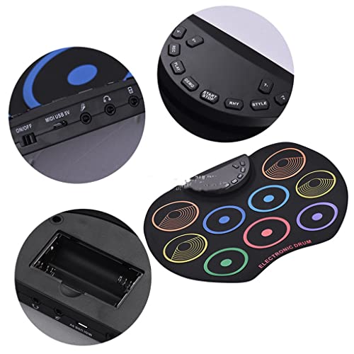 IULJH Portable Mini Digital Electronic Drum Kit 9 Pads Silicone Roll-Up Set Drumsticks Foot Pedal