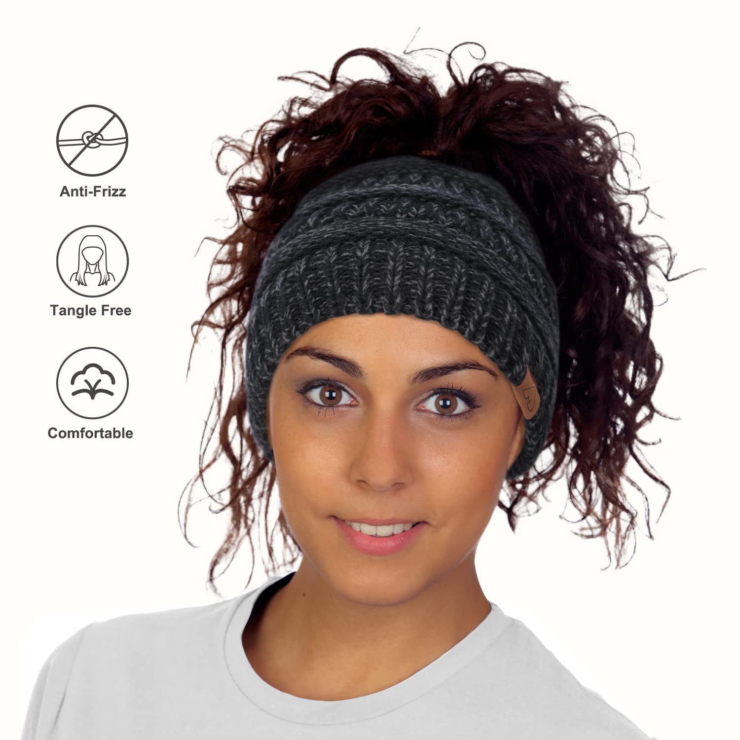 Hat Hut Satin Lined Winter Beanie Hat for Curly Hair Women Silk Lined Ponytail Beanie Messy Bun Cable Knit Chunky Skull Cap (Black Charcoal)