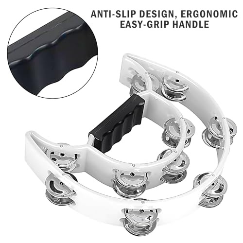Half Moon Tambourine - Musical Instrument Percussion with Steel Jingle Bells for Drum & Guitar Playing (White)
