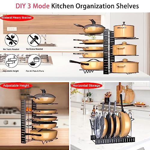 HAOWUJIN Pots And Pans Organizer for Cabinet, 8 Tiers Adjustable With Drain Tray Pan Organizer Rack for Under Cabinet, Kitchen Cookware Baking Cookie Cutting Board 3 DIY Methods Pot Lid Organizer