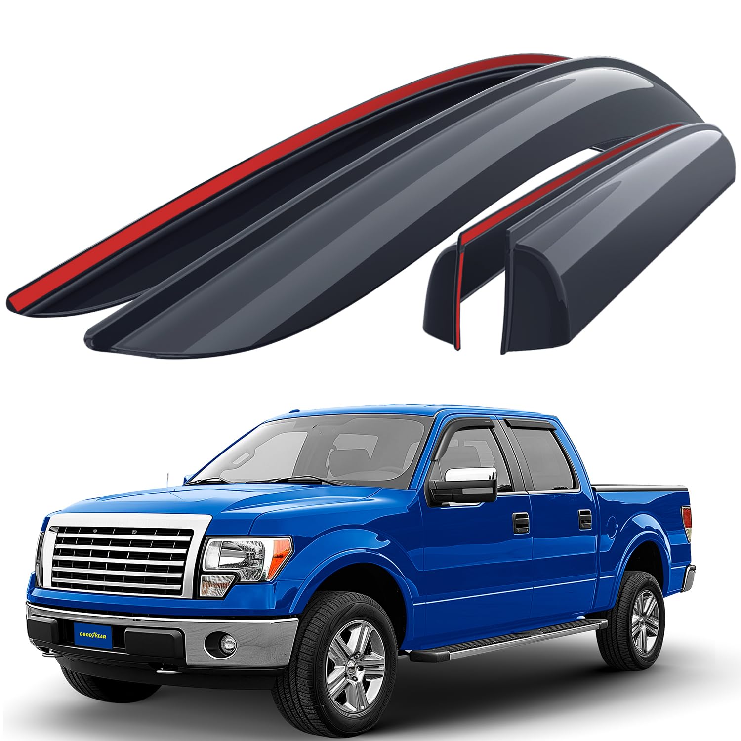 Goodyear Shatterproof Window Deflectors for Trucks Ford F150 2009-2014 SuperCrew, Tape-on Rain Guards, Window Visors, Vent Deflector, Vent Visor, Truck Accessories, 4 pcs- GY003110