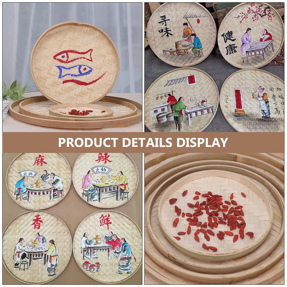 Healifty 4 Pcs Handwoven Flat Wicker Round Fruit Basket Woven Food Storage Weaved Shallow Tray Organiser Vegetable Fruit Bowl Kids DIY Drawing Board Wall Basket Decor for Kitchen Table Centerpiece