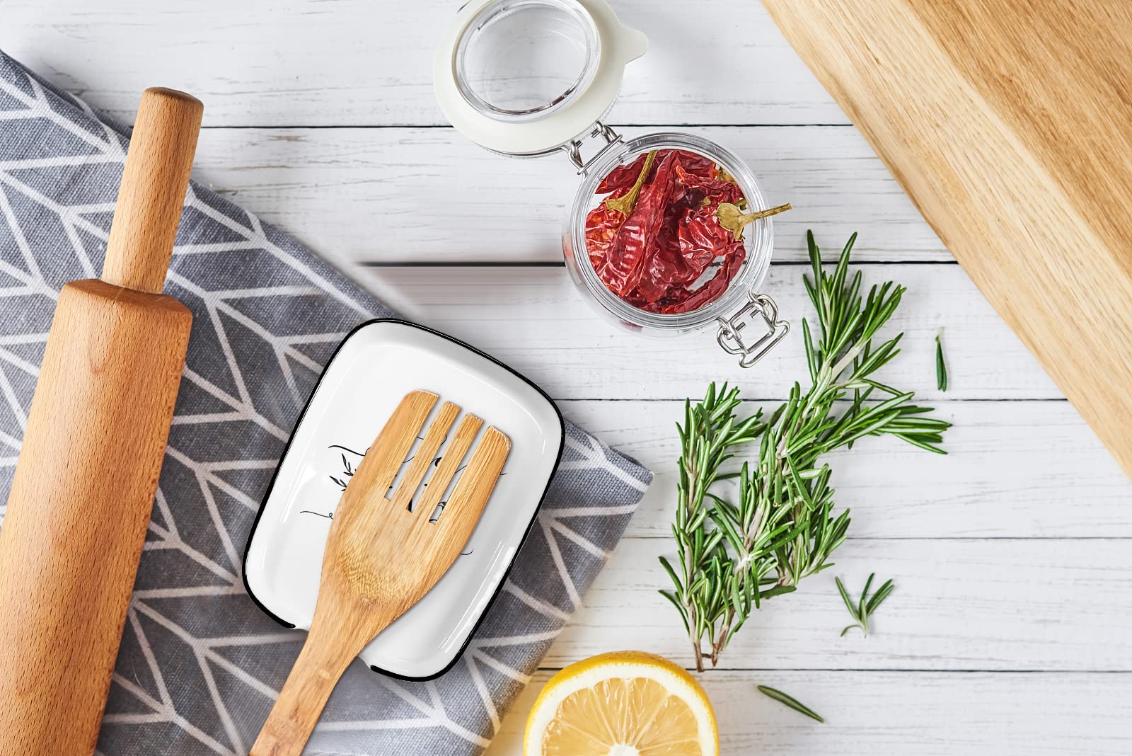 Hvukeke Ceramic Spoon Rest for Stove Top, Funny Gather Eat Laugh White Spoon Holders for Kitchen Counter, Modern Farmhouse Kitchen Cute Decor