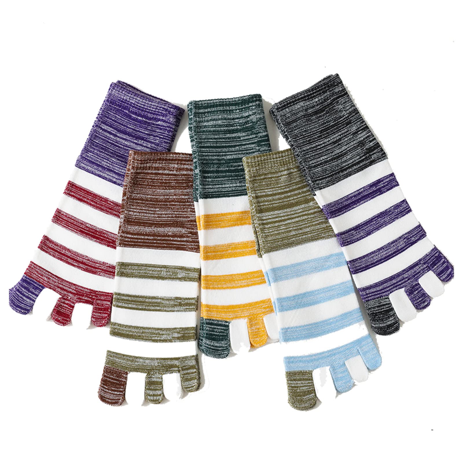 HABUAETY Toe Socks Men Five Finger Cotton Sock Running Athletic 5 Toe Ankle Striped Sox 5 Pairs (Multicolor 6)
