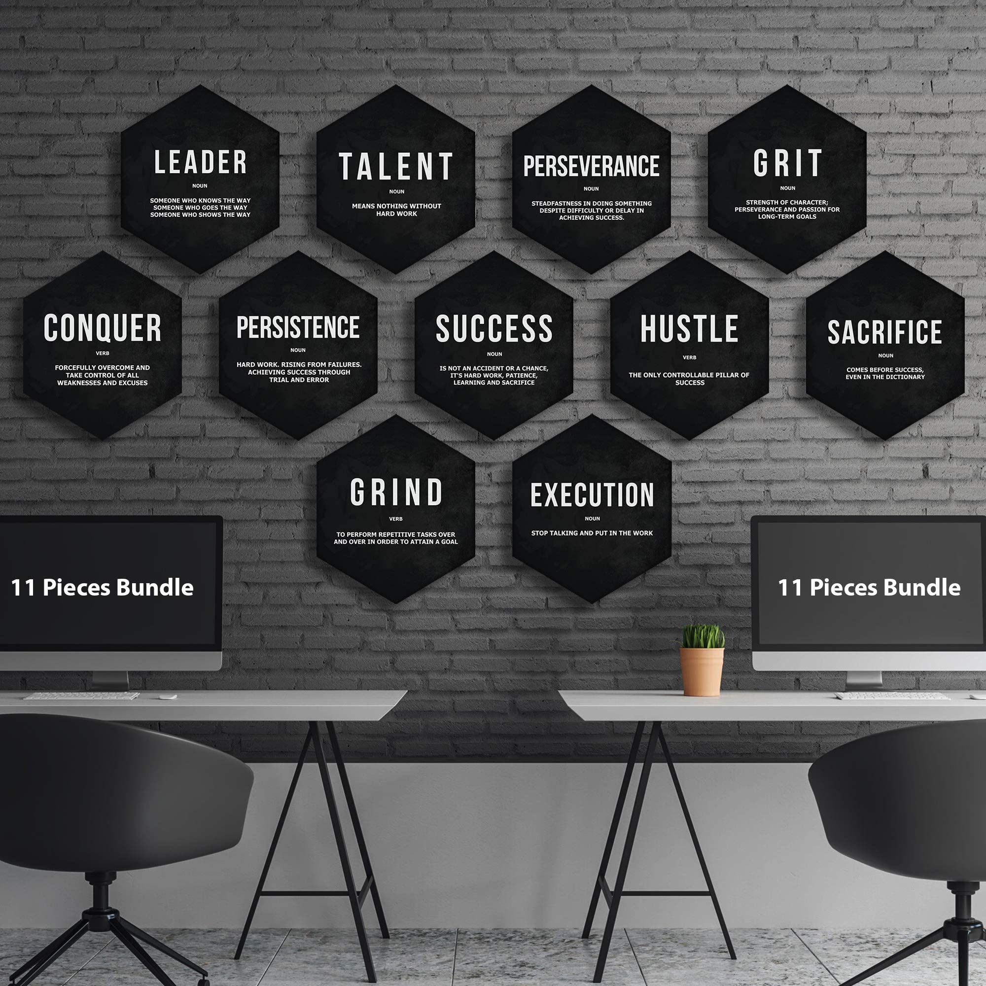 Hexagon Canvas Prints Bundle Office Decor Motivational Modern Wall Art Hustle Success Hexagonal Definition Set Of 3x, 5x, 7x, 9x, 11x Pieces (11 Pieces Bundle)