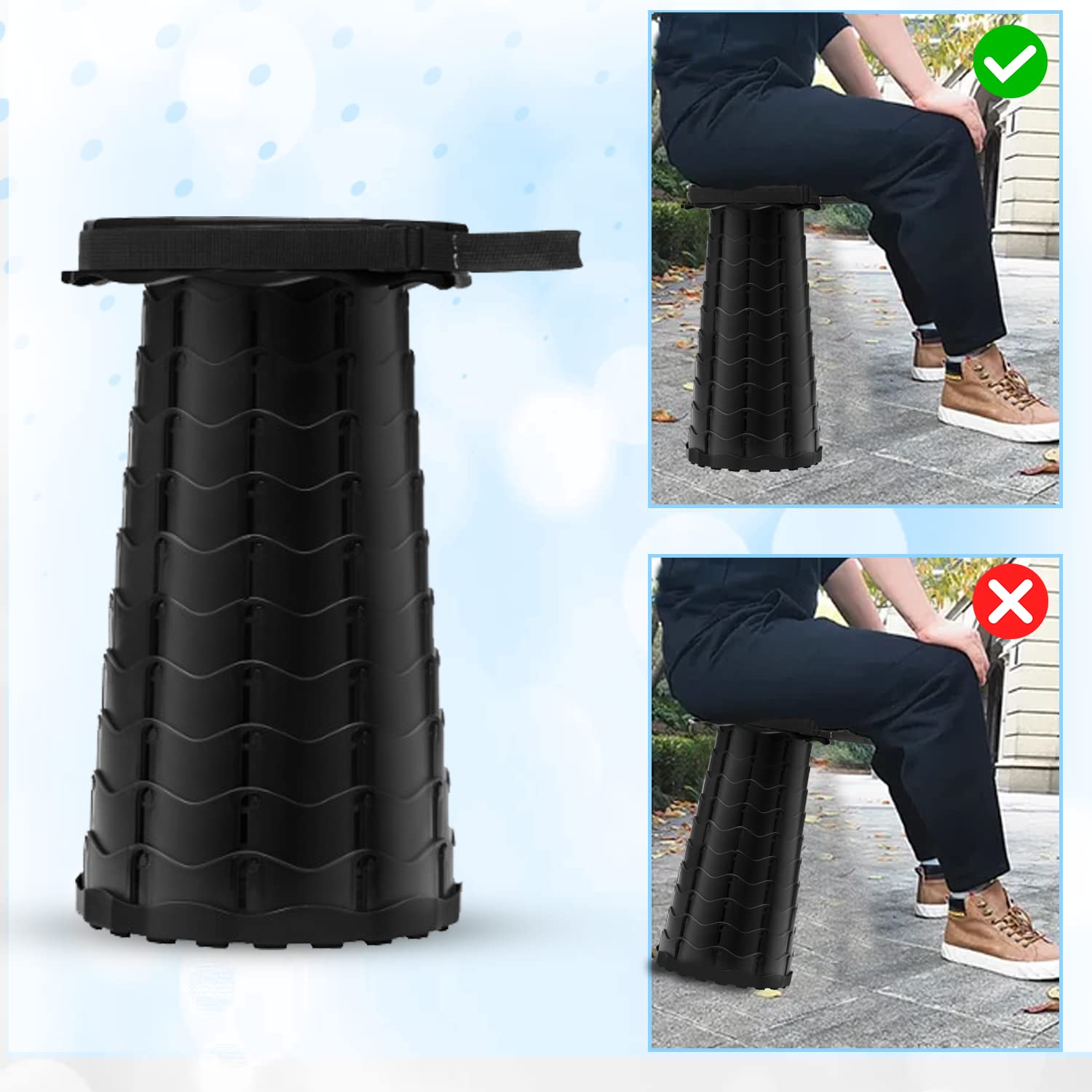 INBOEDEL Collapsible Stool Lightweight Portable Folding Stool for Adults Load Capacity 500lbs Retractable Plastic Telescopic Stool with Cushion for Camping Fishing BBQ Outdoors Indoors (Black)