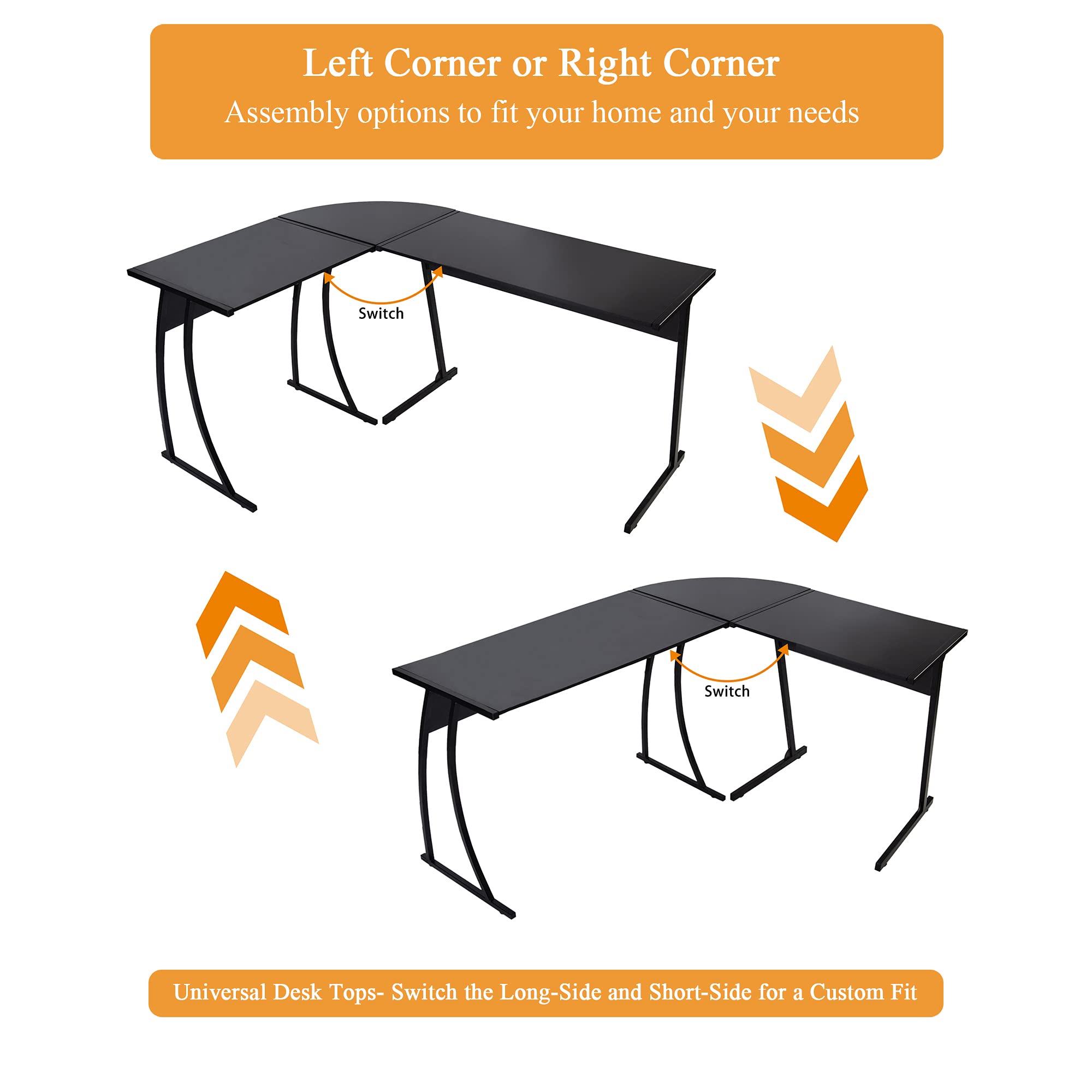 GOOD & GRACIOUS 65" L Shape Desk, Gaming Desk L Shaped, Modern Office Workstation, Corner Computer Desk for Home Office, Study, Writing, Left or Right Corner, Black