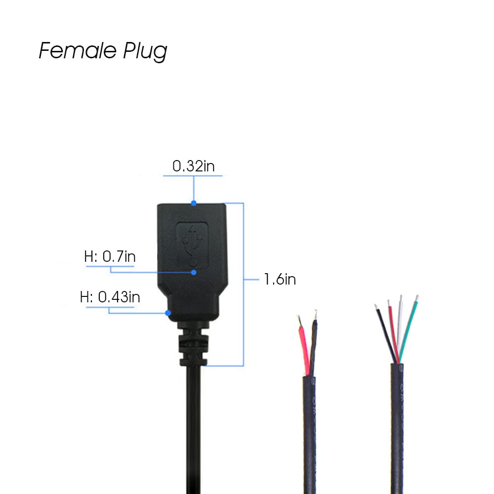 KSOPUERT 2Pcs USB A Female Plug to Bare Wire Open End Cable 3.3Ft(100cm) 5V 2.1A 2 & 4 cores Power and Data Transmission Pigtail Repair Tin on The Tail Cable Cord DIY Black