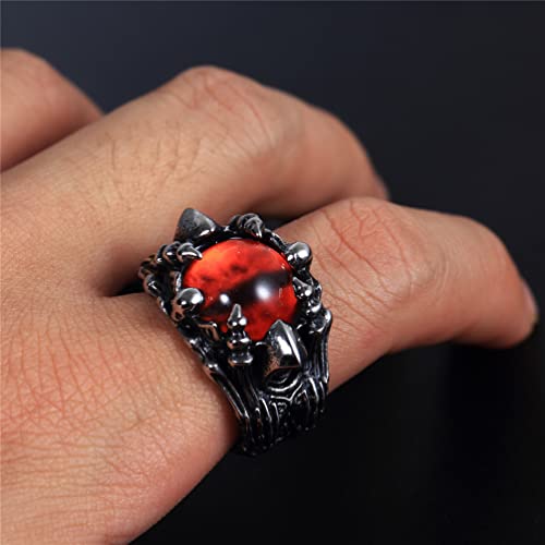 OAKKY Unisex Stainless Steel Vintage Personality Ghost Devil Dragon Claw Bloody Demon Round Red Gemstone Biker Ring Gothic Punk Statement Size 11