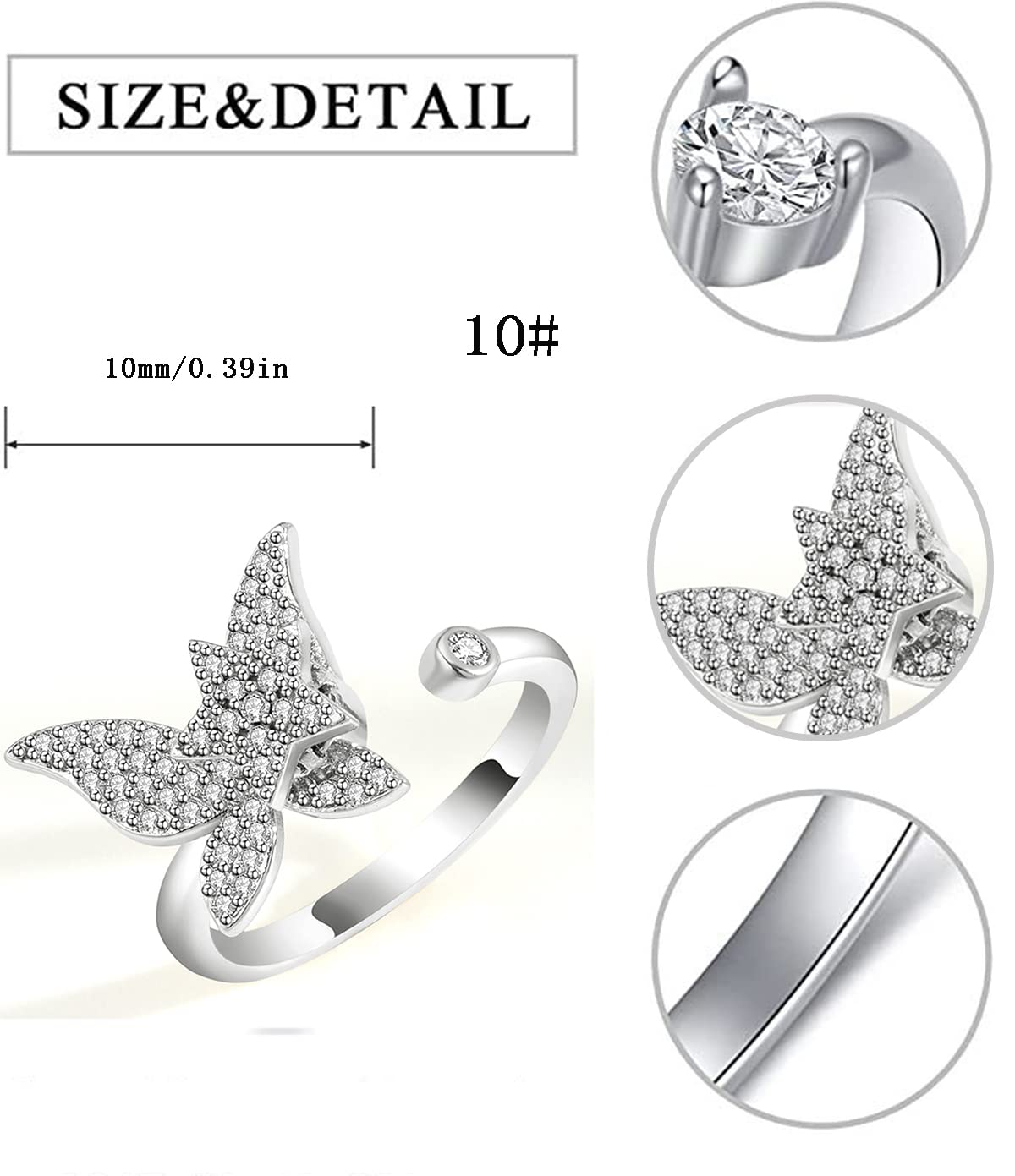 KEENL Anti Anxiety Ring for Women, Rotatable Bead Rings, Adjustable Open Finger Ring for Women Girls Stress Relief (White Butterfly)