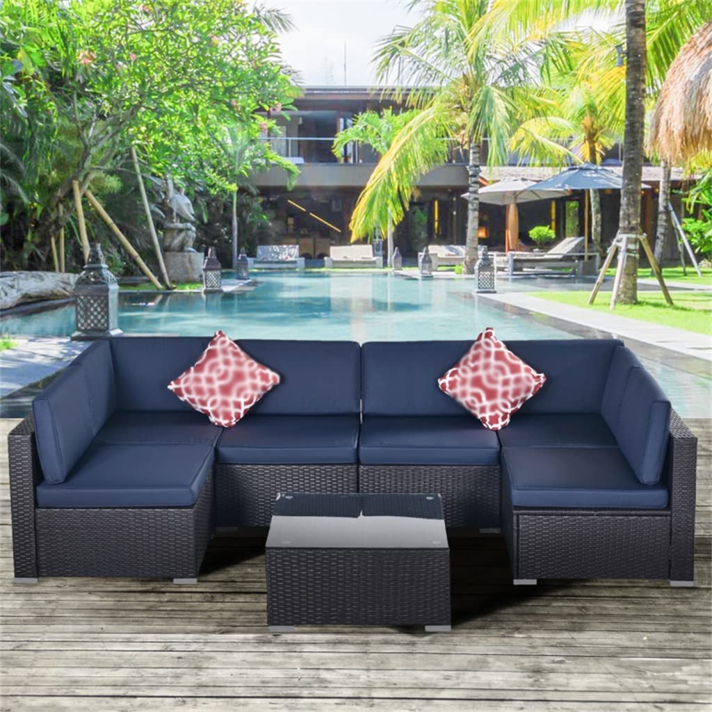 Garden Terrace Furniture 7-Piece PE Rattan Wicker Cuts Padded Sofa Sets with 2 Cushions and Coffee Table