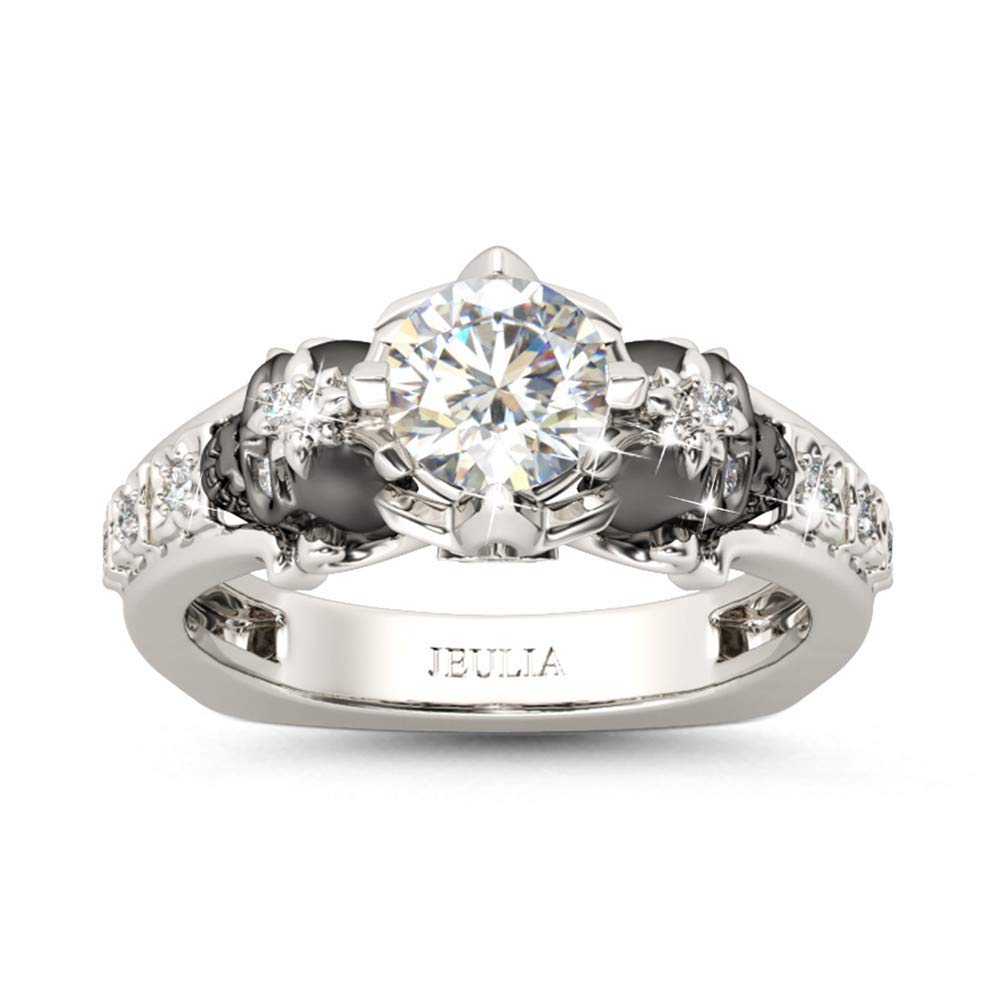 Jeulia 2 Carat Round Cut Diamond Skull Rings for Women Customized Bridal Sterling Silver TwoTone Wedding Band with European Shank Wedding Engagement Promise Rings for Her with GiftBox (10.5)
