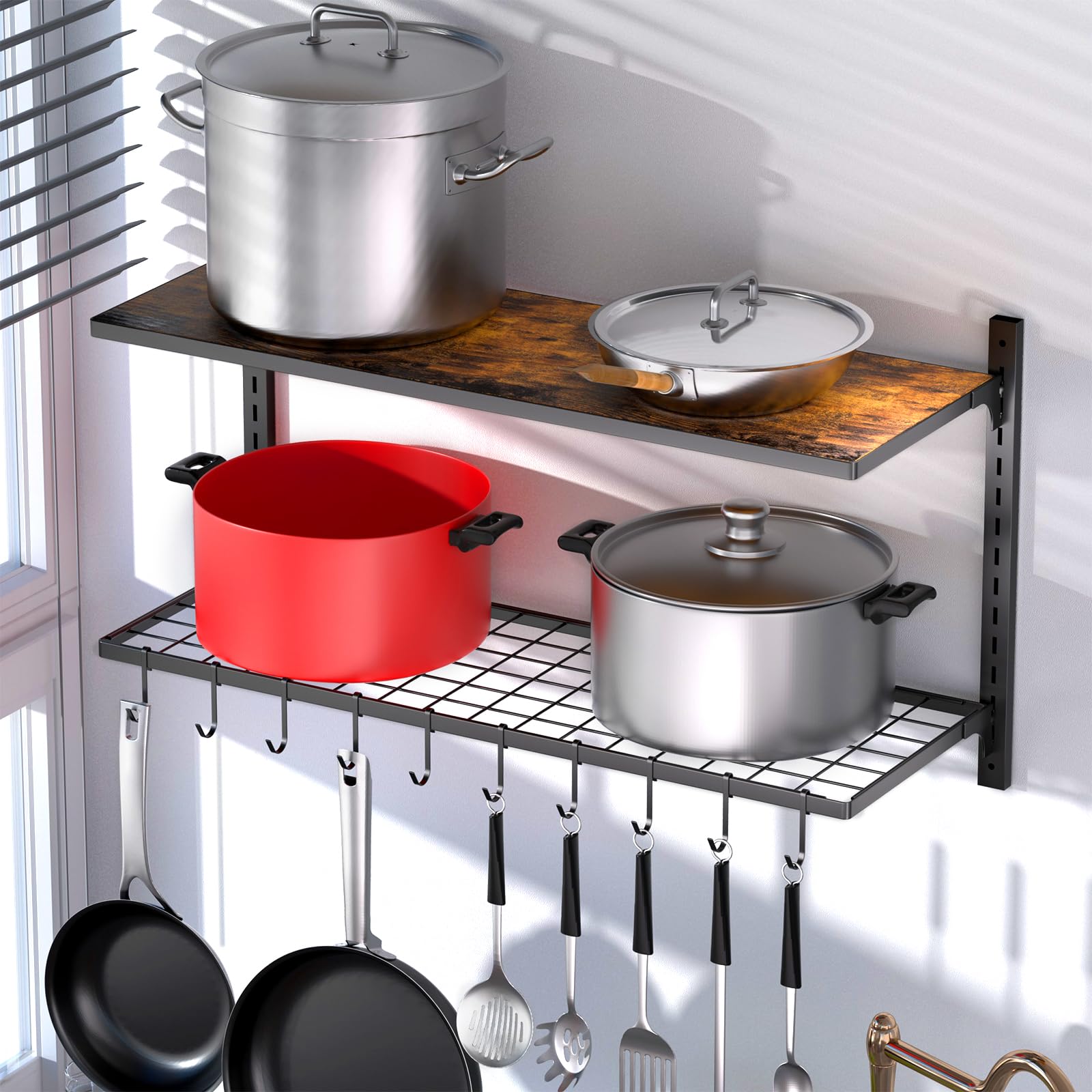 HOYRR Pot Rack Wall Mounted,Pot Hanger,Wall Rack for Pots and Pans,Adjustable Wall Mount Pot Rack,Wall Pot Rack is a Combination of Wood and Iron,Measures 28.7 x 10 x 16 Inches.(With 12 S-hooks)