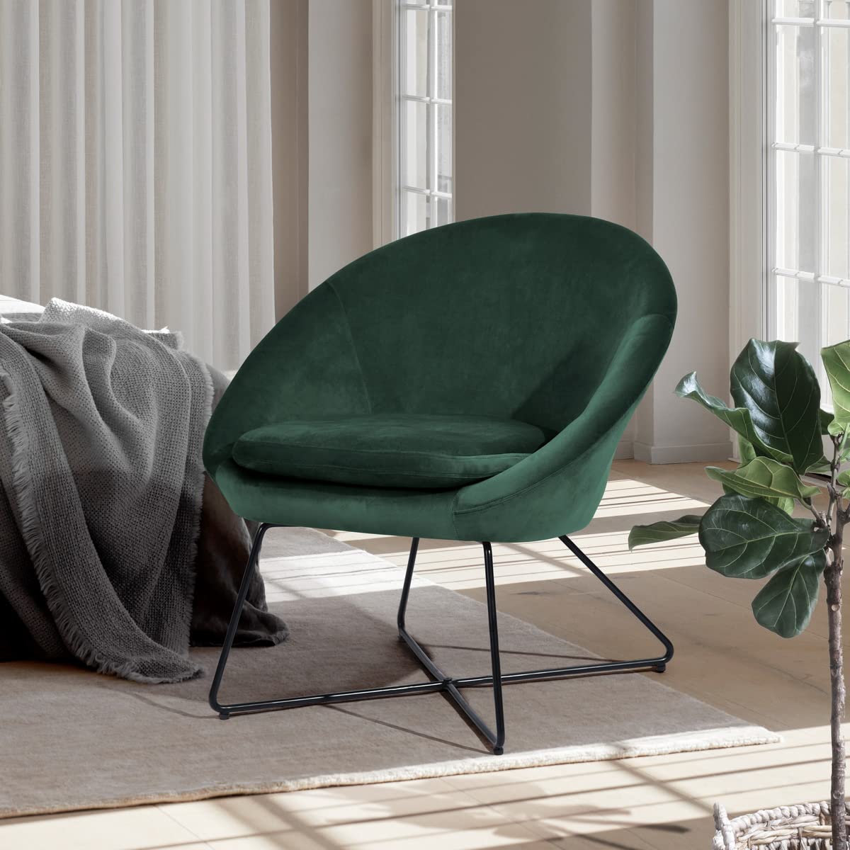 FurniutreR Mid-Century Living Room Velvet Chiar Single Sofa Comfy Upholstered Lounge Arm Leisure Accent Chair, Dark Green