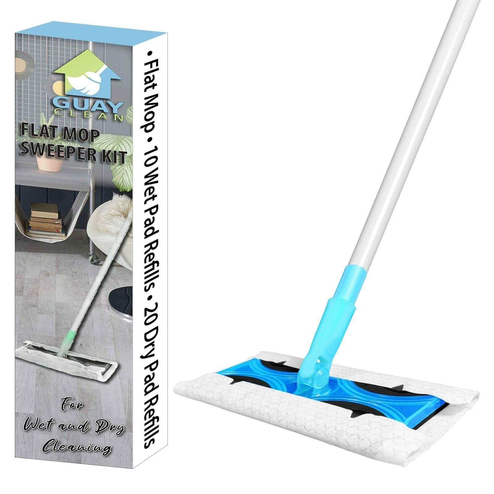 Guay Clean Flat Floor Mop Sweeper Cleaning Kit for Pads and Cloth with Telescopic Pole - Includes 10 Wet and 20 Dry Mop Pad Refills Disposable - Blue