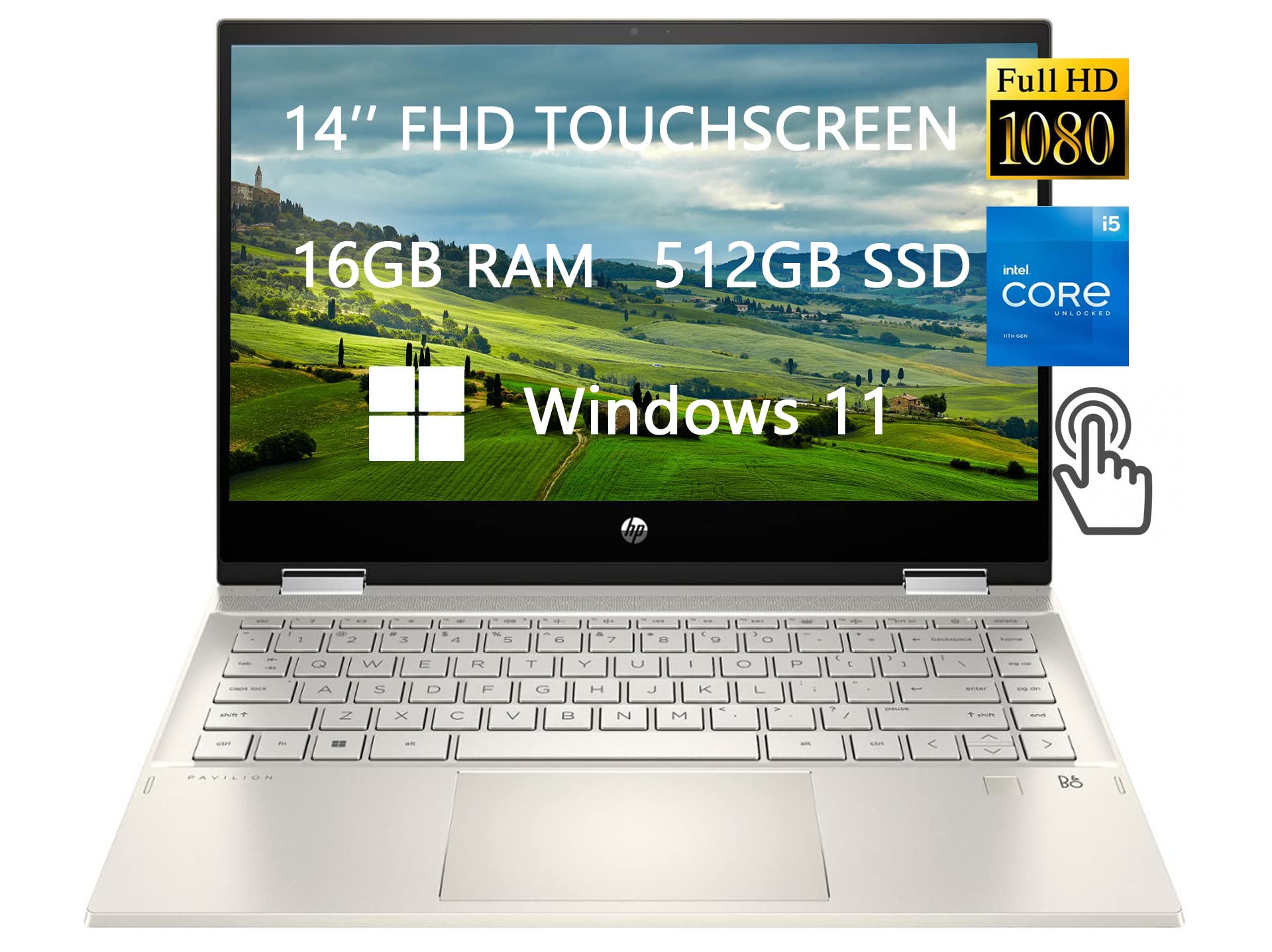 HP Pavilion 14 FHD Spin 2-in-1 Convertible Touchscreen Laptop, 2023 Newest Upgrade, Intel Core i5-1135G7, 16GB RAM, 512GB SSD, HDMI, FP Reader, Wins 11, School & Business Ready, ROKC HDMI Cable, Gold