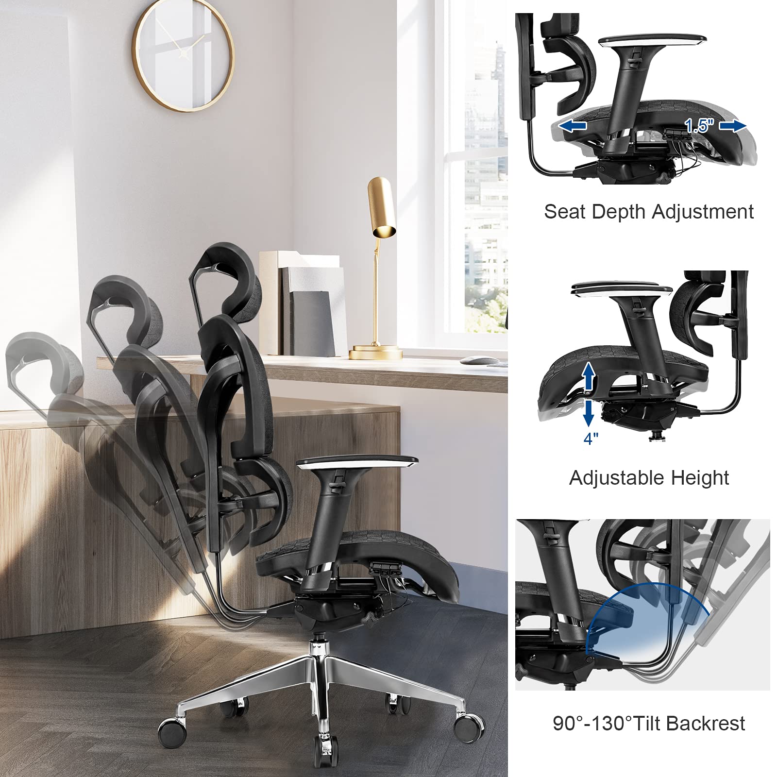 Giantex Ergonomic Office Chair, High Back Computer Chair w/Lumbar Support & 3D Armrests, Rolling Swivel Chair w/Adjustable Headrest & Tilt Function, Mesh Desk Chair for Home Office Executive Gaming