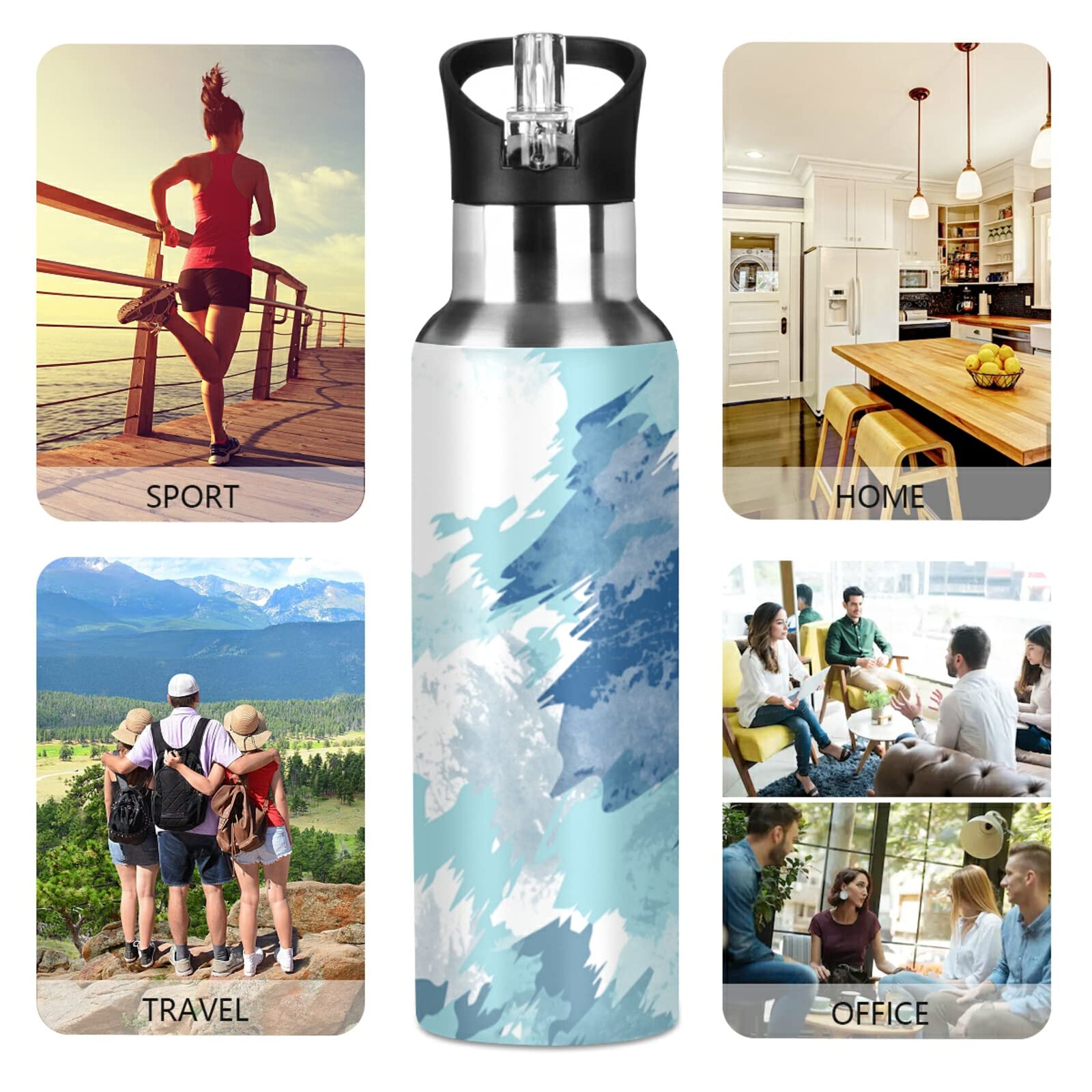 Insulated Sports Water Bottles Fashion Marble Passionate Indigo Graffiti Vacuum Stainless Steel Thermos Mug with Straw Lid & Handle 20 oz