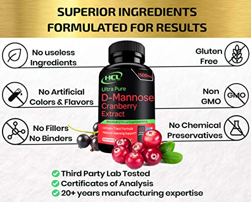 HCL HERBAL CODE LABS D-Mannose with Cranberry Extract Capsules 1500mg Super Strength Pills – Fast-Acting UTI Urinary Tract – Bladder Health Supplement