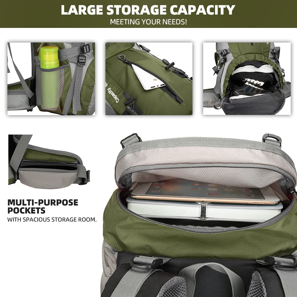 HongXingHai 70L Camping Hiking Backpack with Rain Cover Waterproof Backpacking Backpack for Hiking Treeking Climbing Outdoor (ArmyGreen)