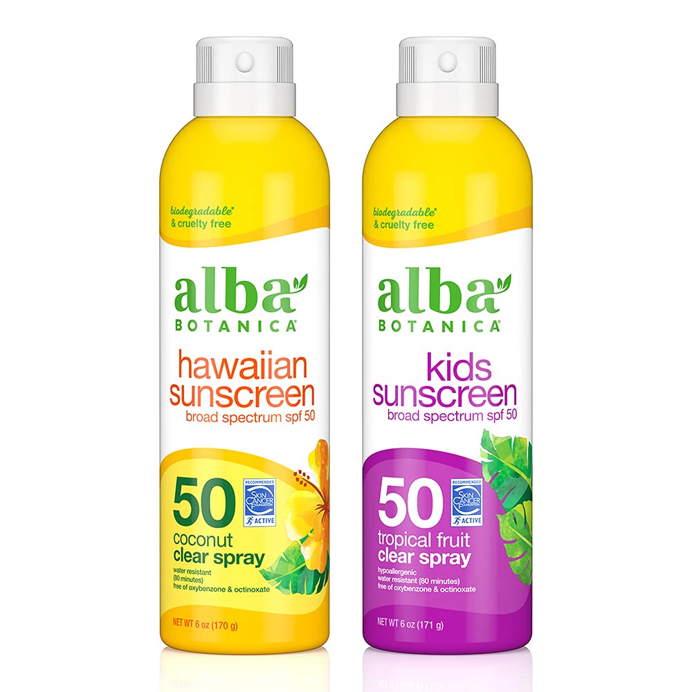 Hawaiian Coconut 50 SPF & Tropical Fruit Kids 50 SPF Sunscreen Aerosol Clear Spray Can (Pack of 2)