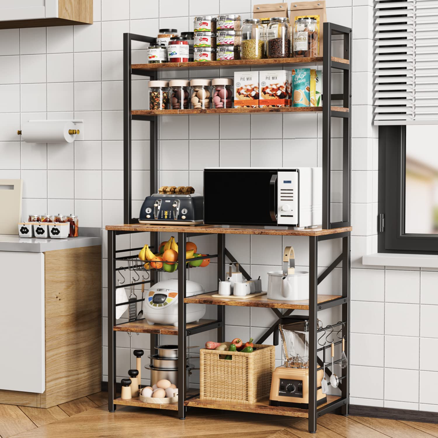 Gizoon Home Kitchen Baker's Rack with Spacious Storage, 5 Tier Versatile Microwave Stand Shelf with Basket & Side Hooks,Free Standing, Sturdy, Durable-Retro