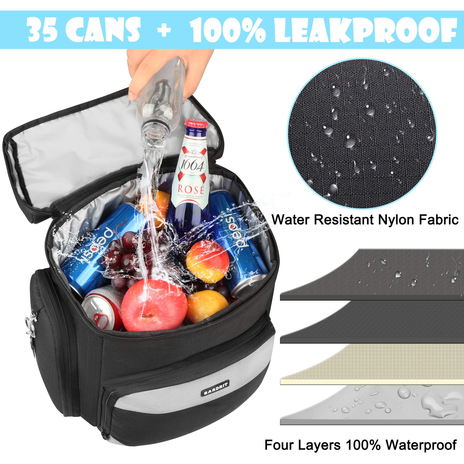 GARDRIT Insulated Cooler Backpack - 45 Cans Large Capacity Backpack Cooler Leak-Proof/Waterproof Lightweight Soft Beach Cooler Suitable to Work, Picnic, Hiking, Camping