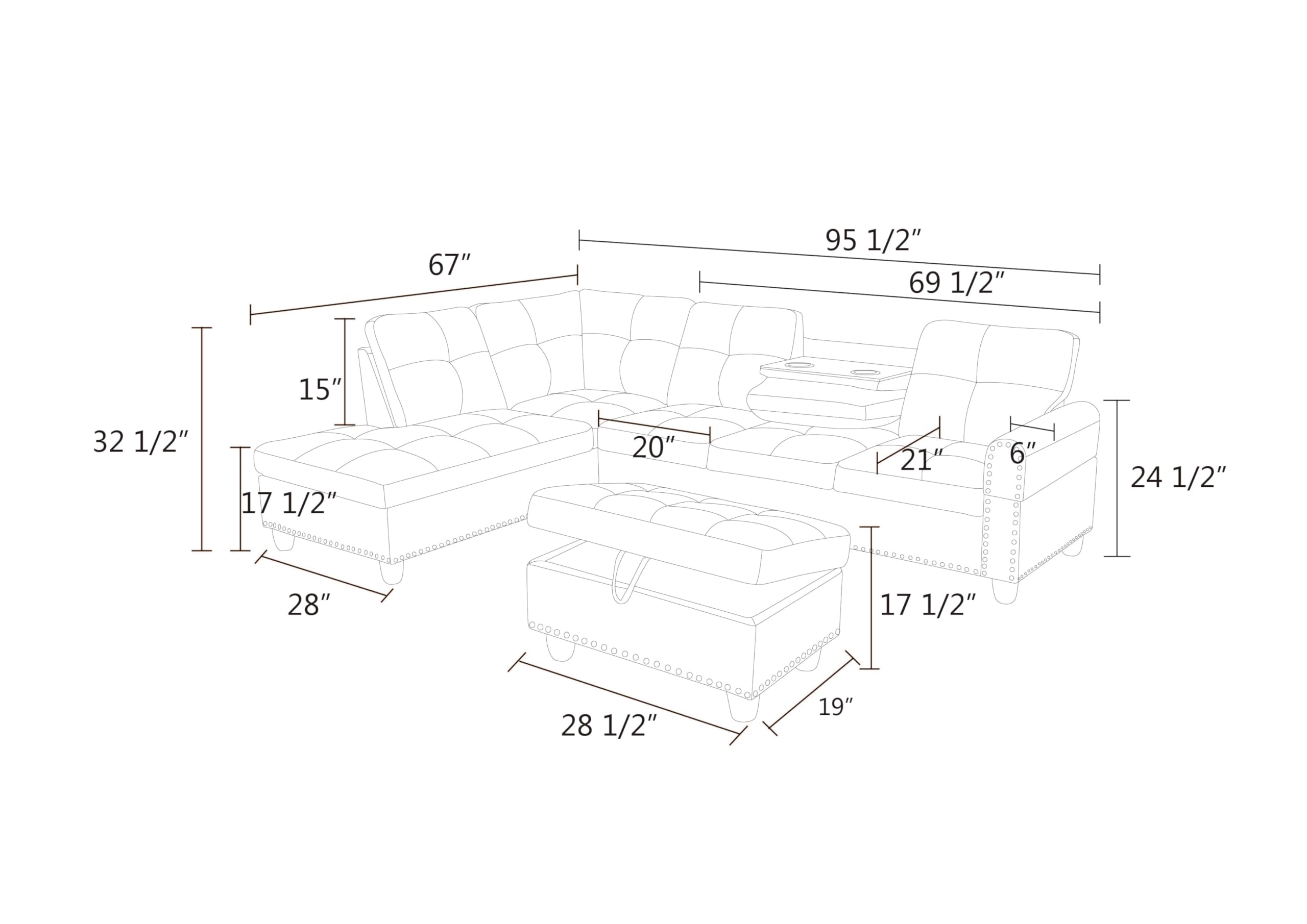 LOPOO 97" Linen Fabric L-Shaped Modular Sectional Sofa, Left-Facing Upholstered Couch with 69" Chaise Lounge, Button Tufted Design, Foldable Backrest with Cup Holders, Grey Living Room Furniture Set