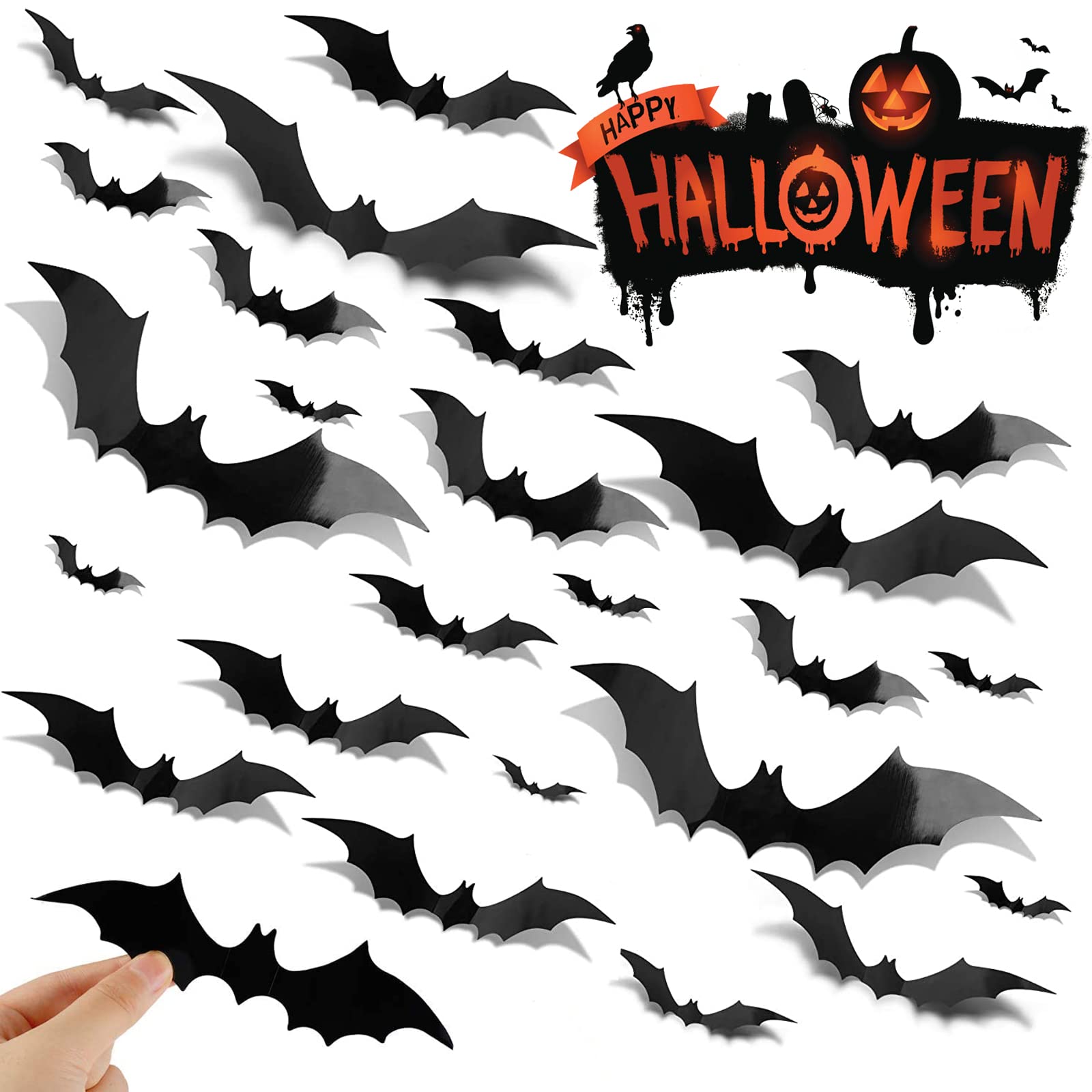 Halloween Bats Wall Decor, 92 PCS DIY 3D Bats Halloween Decorations Stickers, 4 Different Sizes Reusable PVC Bat Stickers for Home Room Decor Indoor Outdoor Party Decorations - Adhesive Included