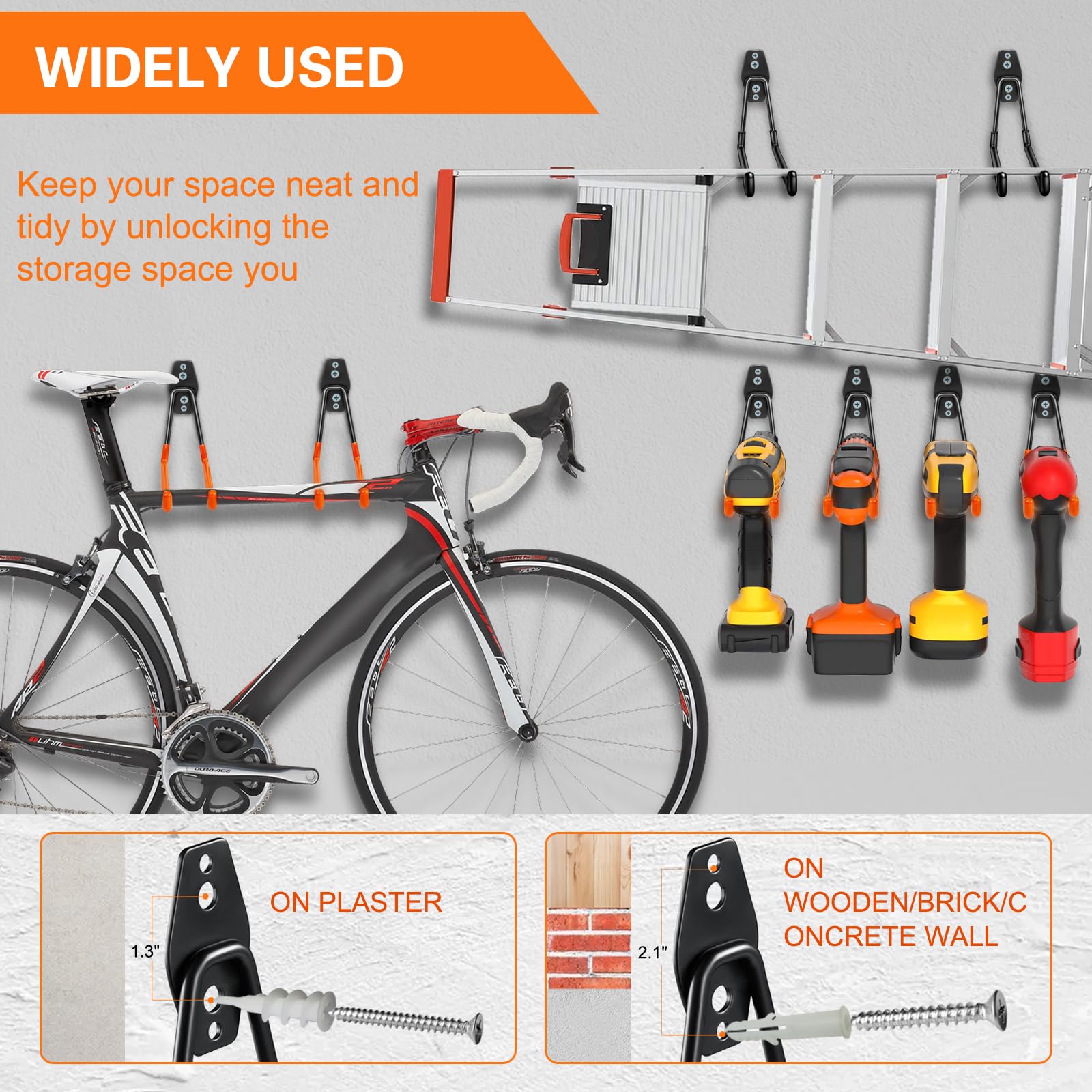 HUPBIPY Garage Hooks 4 Pack, 7.7 inch Long Hooks, with 2 Extension Cord Holder Organizer, Heavy Duty Garage Hanger, Ladder Hooks for Garage Wall