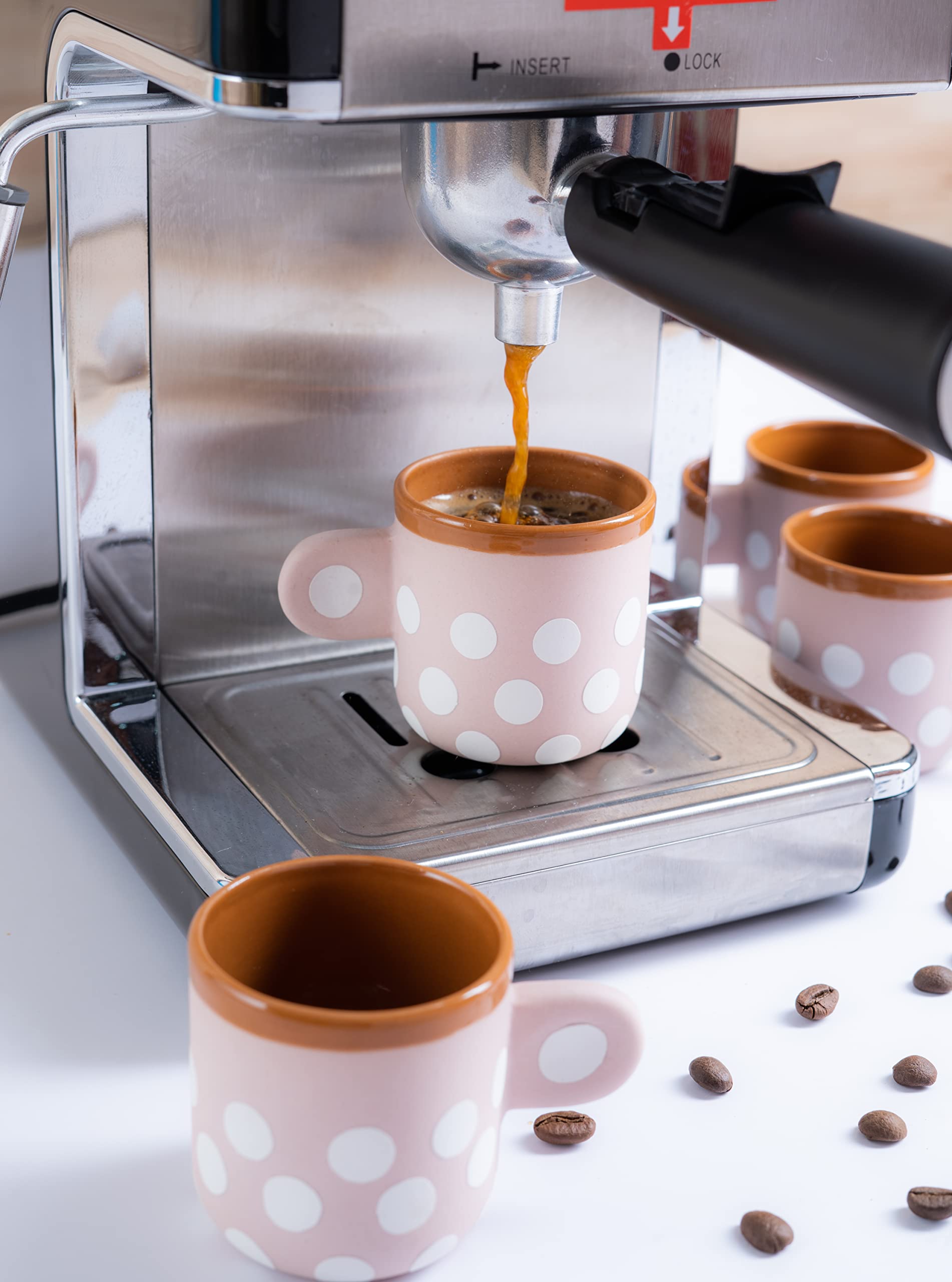 KAKI Espresso Cups Set of 2-3 Ounce, Clay Espresso Cups Pink with White Polka Dot, Handmade Expresso Coffee Cup for Coffee Lovers, Gifts for Mom, Dad or Friends (Pack 2)
