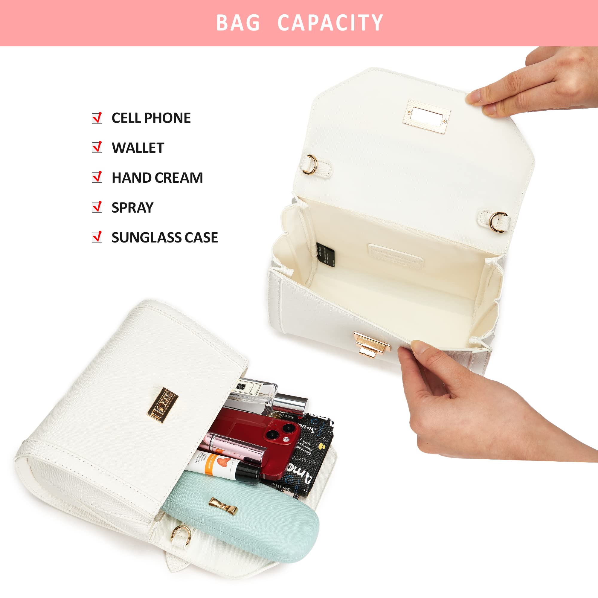 Like Dreams Women Classic Messenger Bag Saffiano Vegan Leather Top Handle Turn Lock Crossbody Handbag Purse (White)