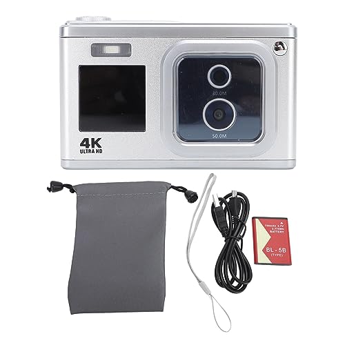HD 4K Digital Camera, Autofocus Compact Digital Camera Dual Lens Dual Screen for Photography (Silver)