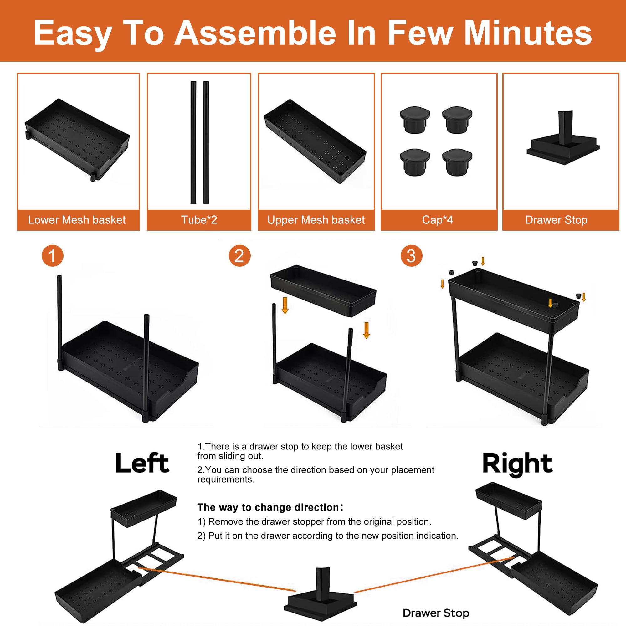 HISKIWUU Under Sink Organizers and Storage L-Shape Easy Assembly,Bathroom Sink Organizer Durable Pull-Out with Sliding Drawer,Under Sink Organizer Large Capacity with Hooks,2 Pack,Black