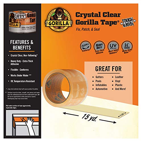 Gorilla Crystal Clear Repair Duct Tape Tough & Wide, 2.83" x 15 yd, Clear, (Pack of 4)