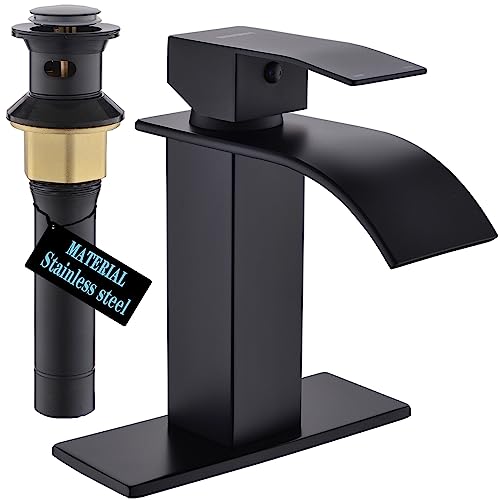 HYEASTR Waterfall Bathroom Faucet Single Handle Bathroom Sink Faucet with Overflow Pop Up Drain & Supply Lines Matte Black 1 Hole
