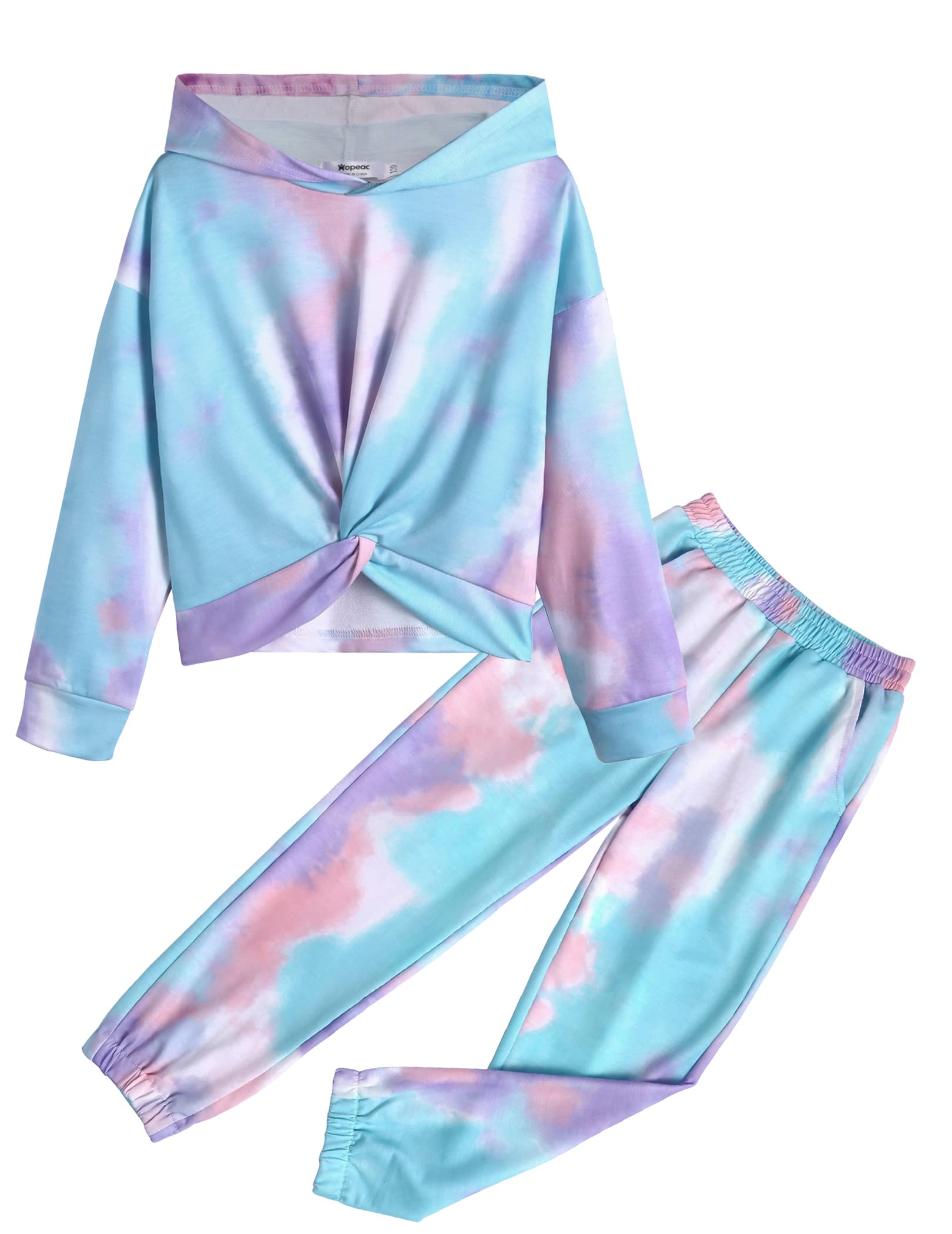 Hopeac Girls 2piece Hoodies Pant Set Tie Dye Long Sleeve Pullover and Casual Sweatpants Relaxed Comfy Cute Tracksuit Workout Outfits