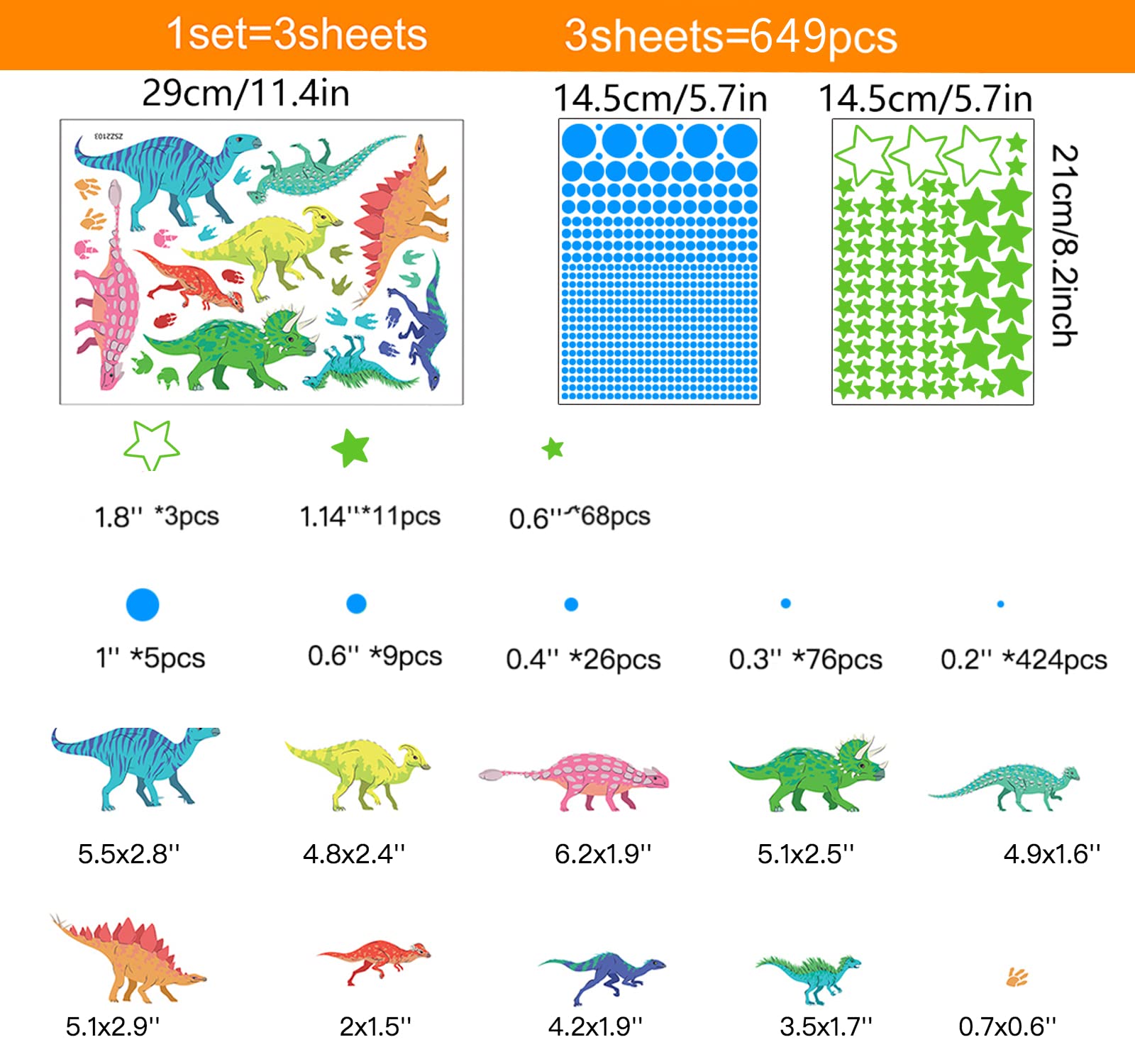 Glow in The Dark Dinosaur Wall Decals - 652Pcs Dinosaur Wall Stickers for Boys Room,Kids Wall Decor Stars for Baby Nursery Boys Bedroom Ceiling (Green Dinosaur)