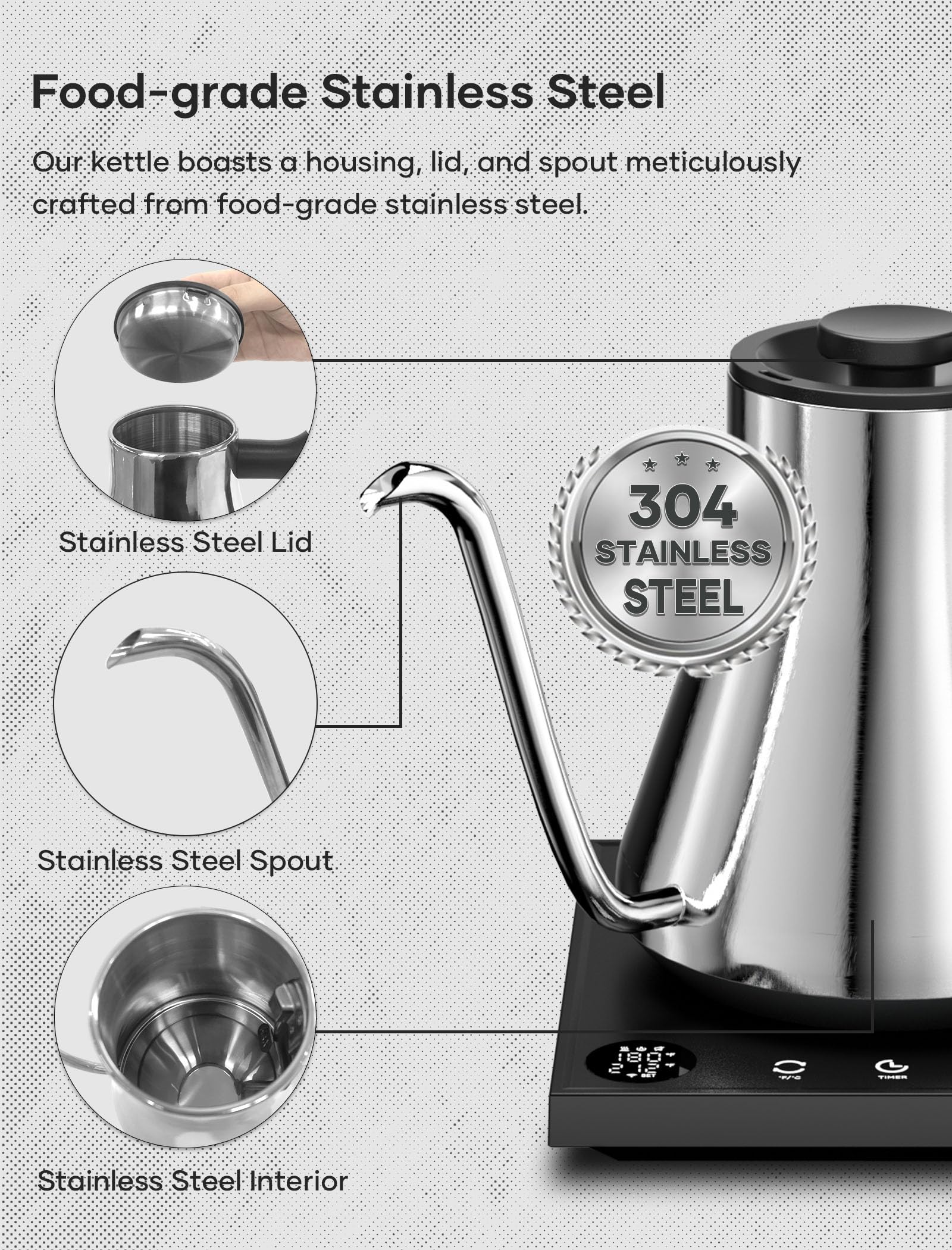 Gooseneck Electric Kettle, Offacy Pour Over Tea Kettles with LED Screen, ±1℉ Temperature Control, Full 304 Stainless Steel, Quick Heating, 6.8mm V-Shaped Spout, Hot Water Boiler, 0.9L (Silver)
