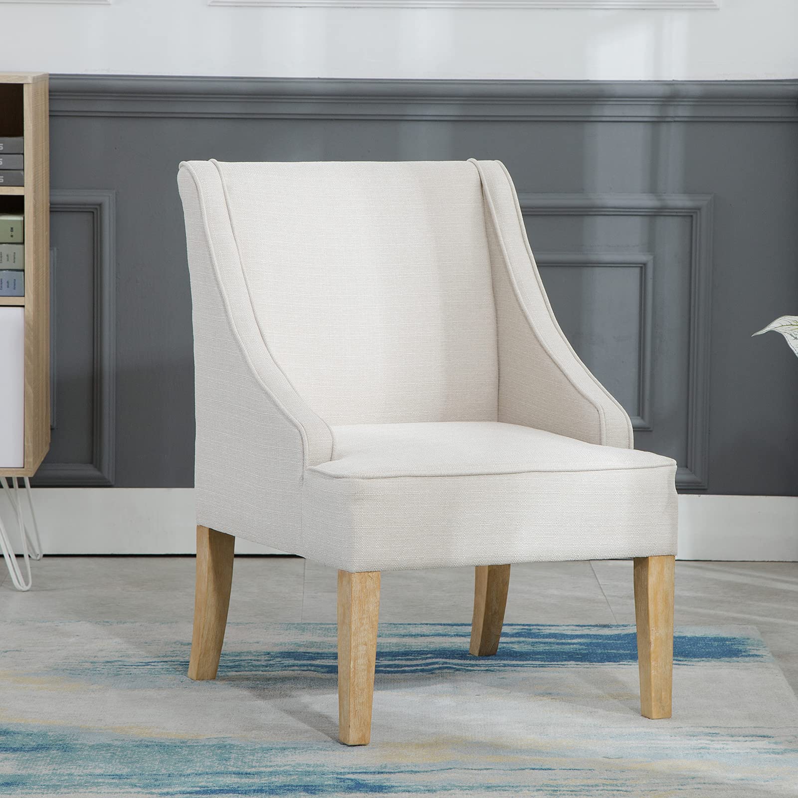Guyou Mid-Century Accent Living Room Chair Fabric Wingback Chair, Solid Wood Upholstered Armchairs for Bedroom/Vanity/Conference Room (Beige)