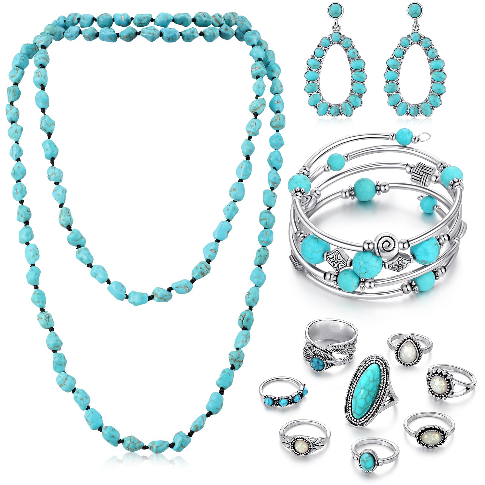 Janmercy 11 Pcs Bohemian Turquoise Jewelry Set Western Jewelry for Women Turquoise Necklace Turquoise Bracelet Earrings and Rings (Stylish Style)