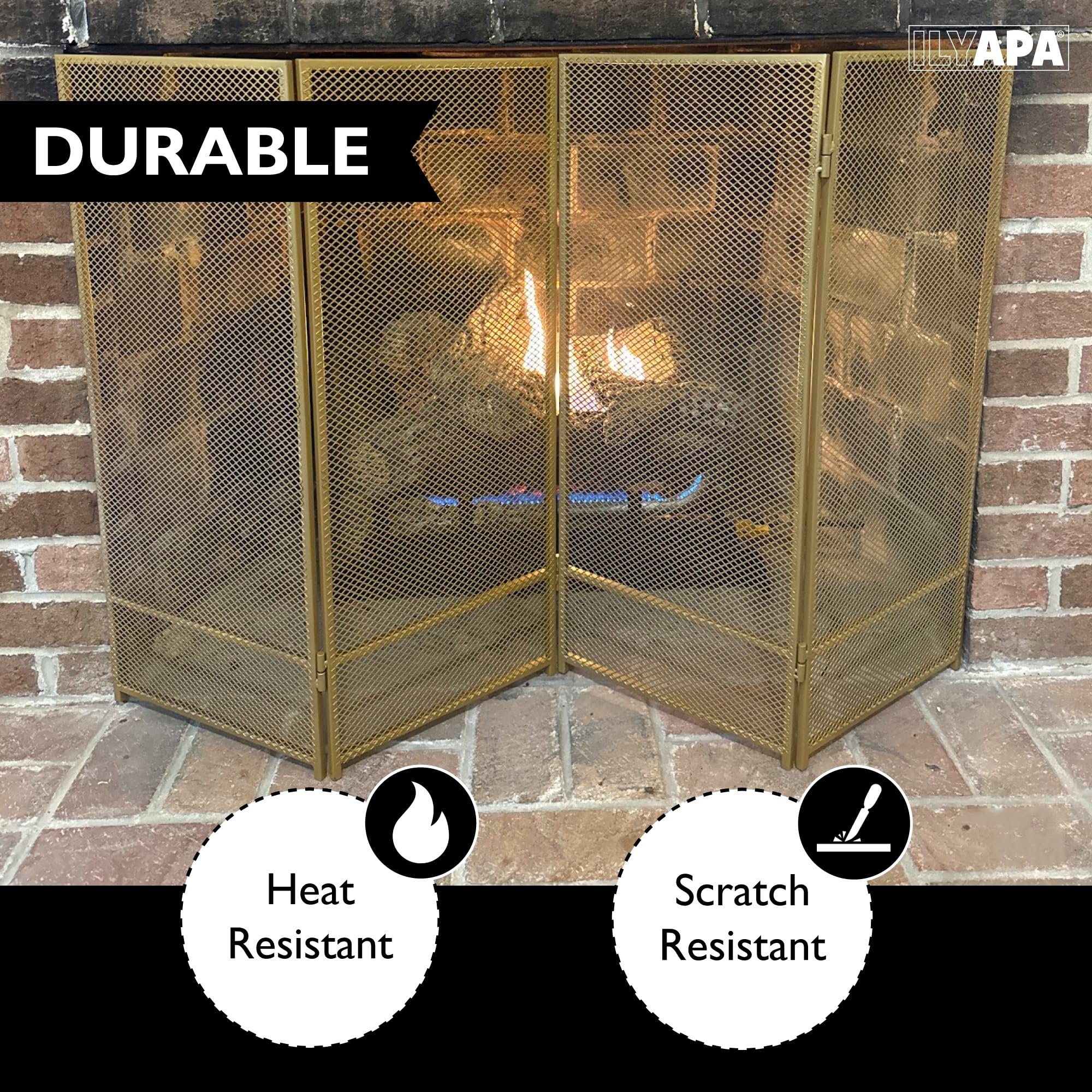 Ilyapa 4-Panel Metal Fireplace Screen for Wood Burning Fireplaces & Gas - Gold - 48 x 29 Inch - Durable Steel Mesh Spark Guard, Easy Fold Panels for Storage, Decorative Fireplace Decor For Living Room