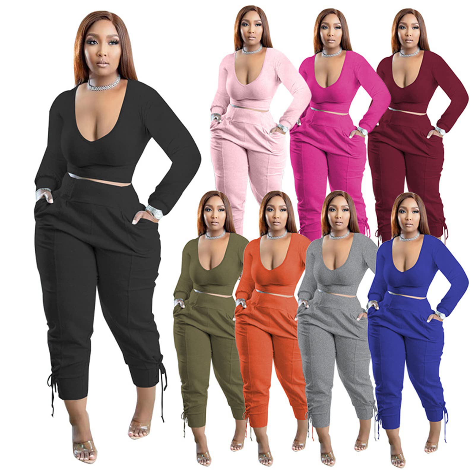IyMoo Women Plus Size 2 Piece Sweatsuit Outfits Long Sleeve V Neck Crop Top + High Waisted Leggings Jogger Set Burgundy 2X