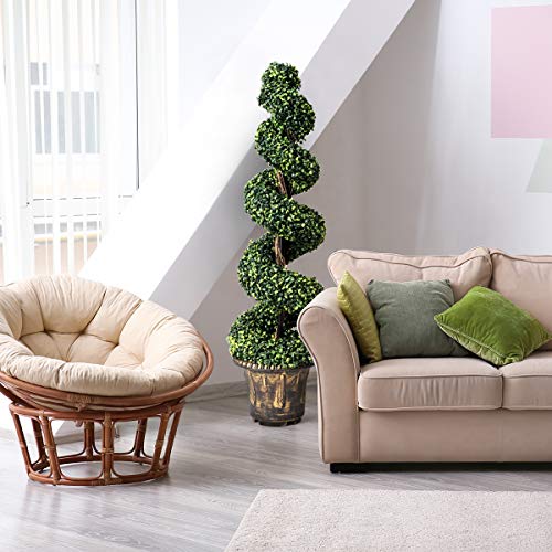 GOPLUS 4 Ft Artificial Boxwood Spiral Topiary Tree, Fake Greenery Plants, Leaves & Cement-Filled Plastic Flower Pot Decorative Trees for Porch Home Office Indoor Outdoor