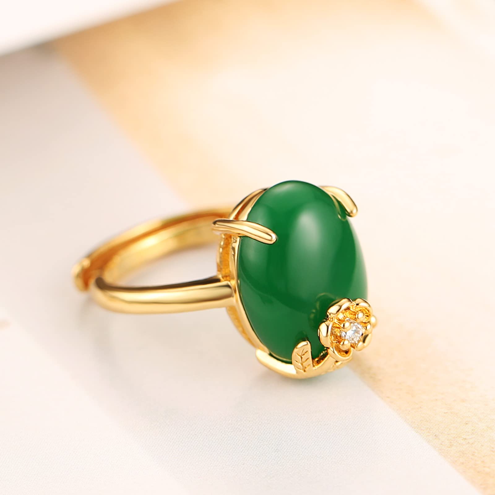 HZMAN Faux Red/Green Onyx Ring Ladies Adjustable 14K Gold Plated Brass Inlaid CZ Thumb Pinky Ring