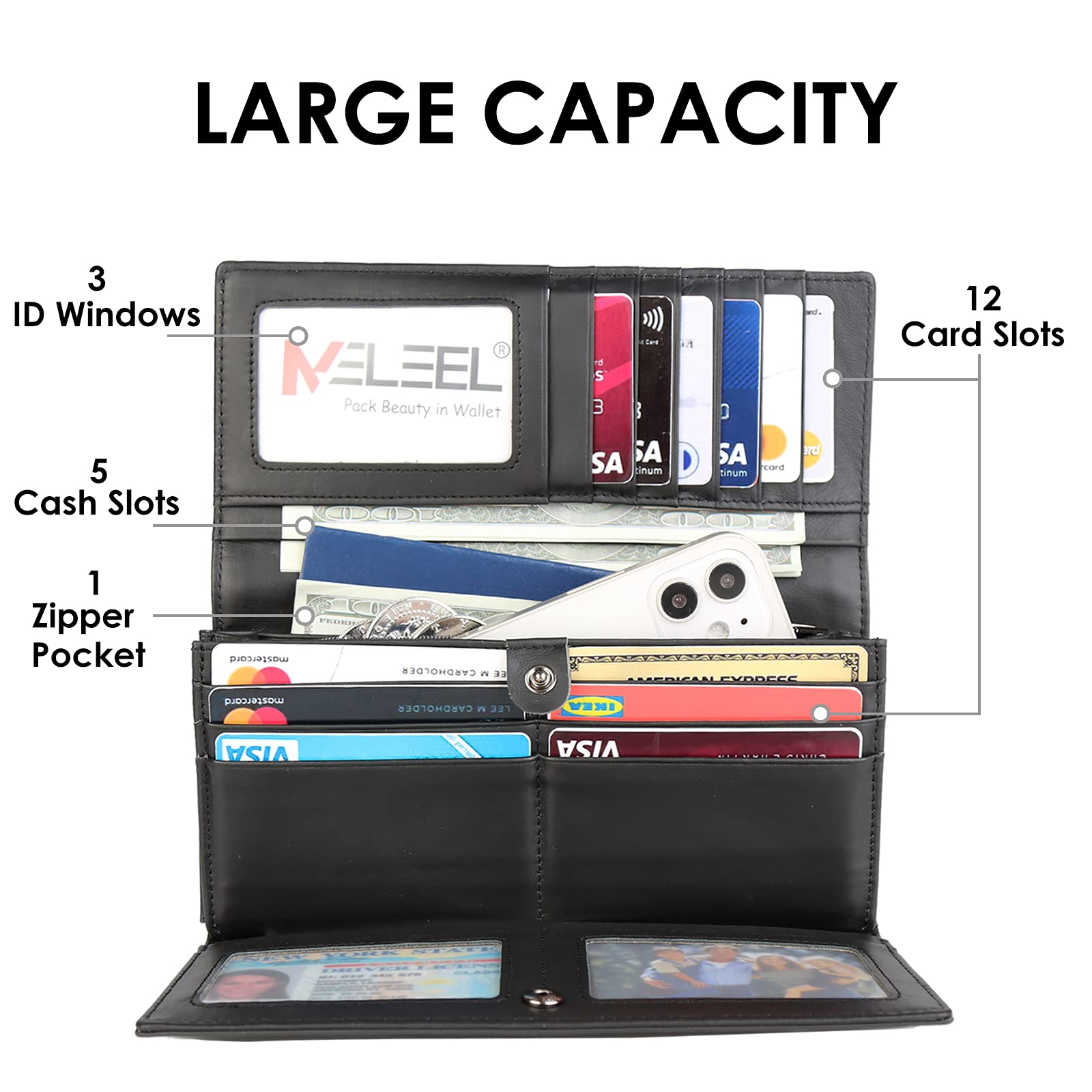 KELEEL Women Wallet RFID Blocking Genuine Leather Trifold Clutch Long Wallets Ladies Purses Multi Card Holder Phone Organizer (Classic Black)